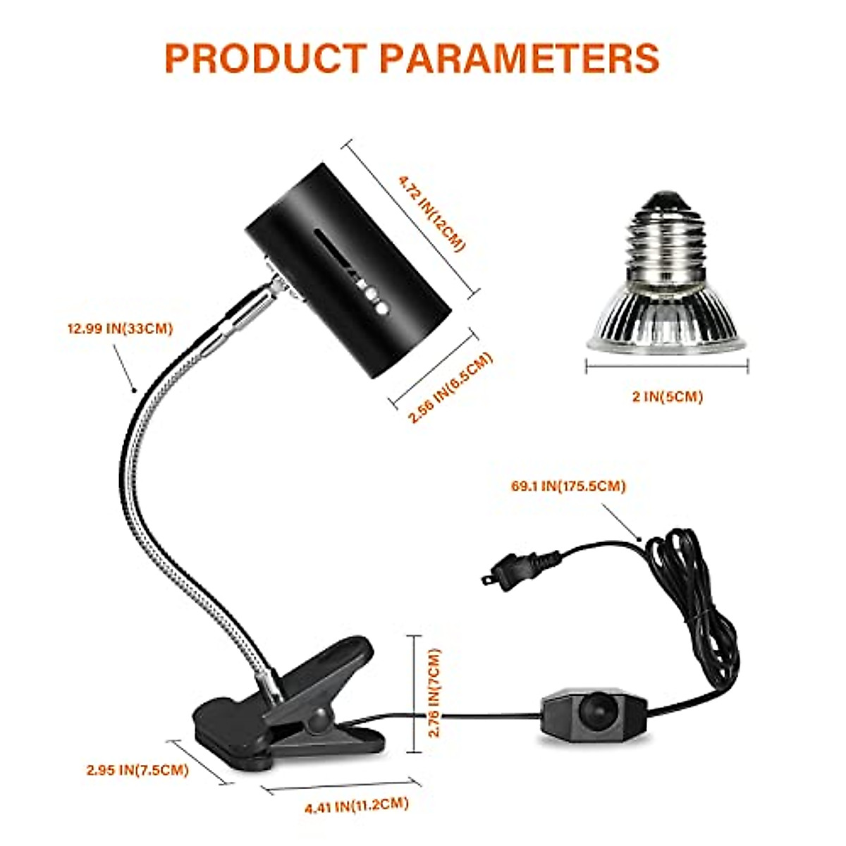 Simple Deluxe Reptile Lamp Fixture Holder Clamp Lengthened Adjustable Socket with Wider and Deeper Spot Light Barrel Dimmable Switch 25W UV Bulb Included, for Lizard Tortoise Snake Aquarium Habitat