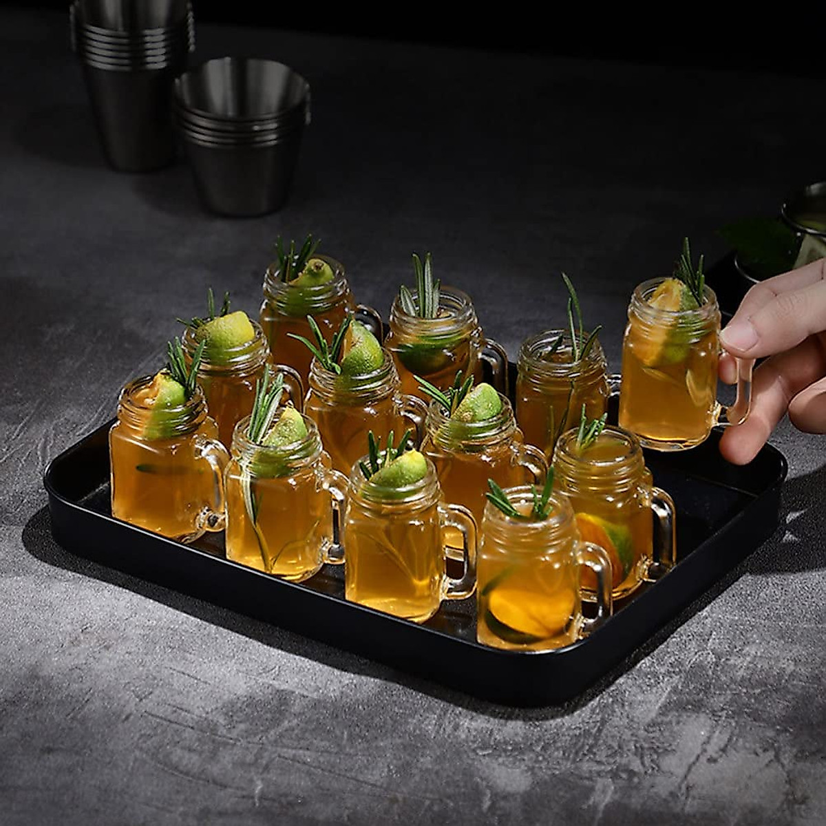 Cabilock Mini Glass Mason Jar Mason Jars Mugs with Glass Handles, 6pcs 40ml Drinking Glasses Old Fashioned Drink Glass for Beverages Wales Cocktails Beer Tea Party Favors Whiskey Glasses