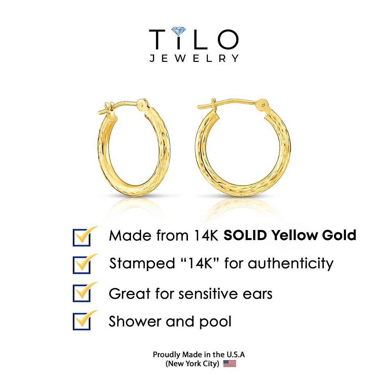 14K Yellow Gold 2mm Tube Polished Round Hoop Earrings, 11MM, Classic and Shiny (Diamond-cut Hoops)