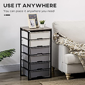 HOMCOM Dresser Storage Drawers with 6 Plastic Bins and Steel Frame, Crafting Bins for Living Room, Bedroom, Grey