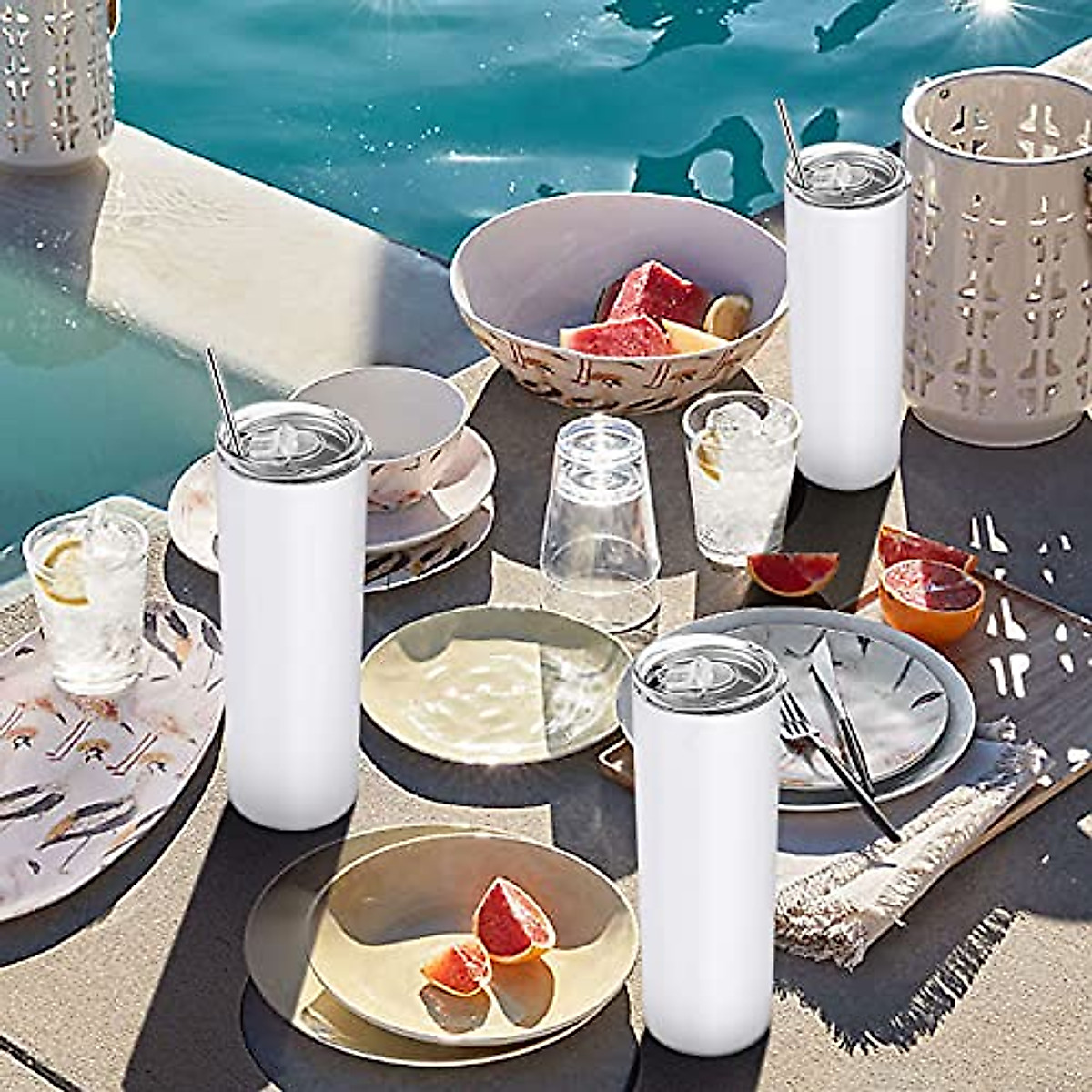 20 Oz Skinny Travel Tumblers, 8 Pack Stainless Steel Skinny Tumblers with Lid Straw, Double Wall Insulated Tumblers, Slim Water Tumbler Cup, Vacuum Tumbler Travel Mug for Coffee Water Tea, White