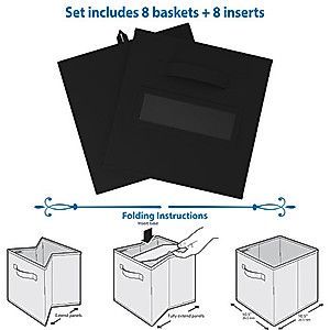 Royexe Storage Cubes - 11 Inch Cube Storage Bins (Set of 8). Features Large Label Window & Dual Handles & Fabric Cubby Organizer Baskets | Foldable Closet Shelf Organization Boxes (Black)