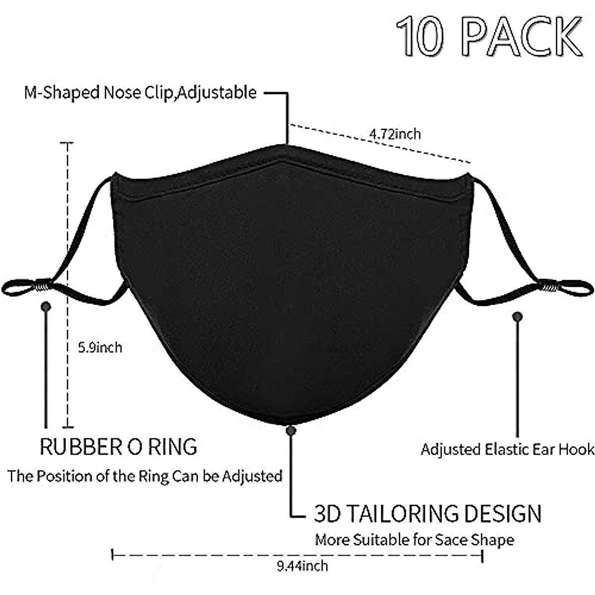 YYTDAISHU 10 Pack Black Reusable Breathable Cloth Face Protection, Adjustable Washable Male and Women Fashion Face Protection Cover