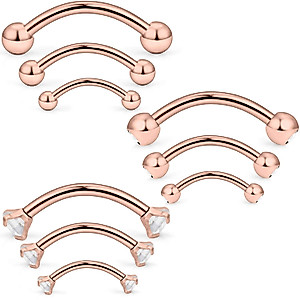SCERRING 9PCS 16G Stainless Steel Eyebrow Tragus Helix Rook Daith Earrings Belly Lip Ring Clear Cubic Zirconia Barbell Body Piercing Jewelry 6mm 8mm 10mm Rose Gold