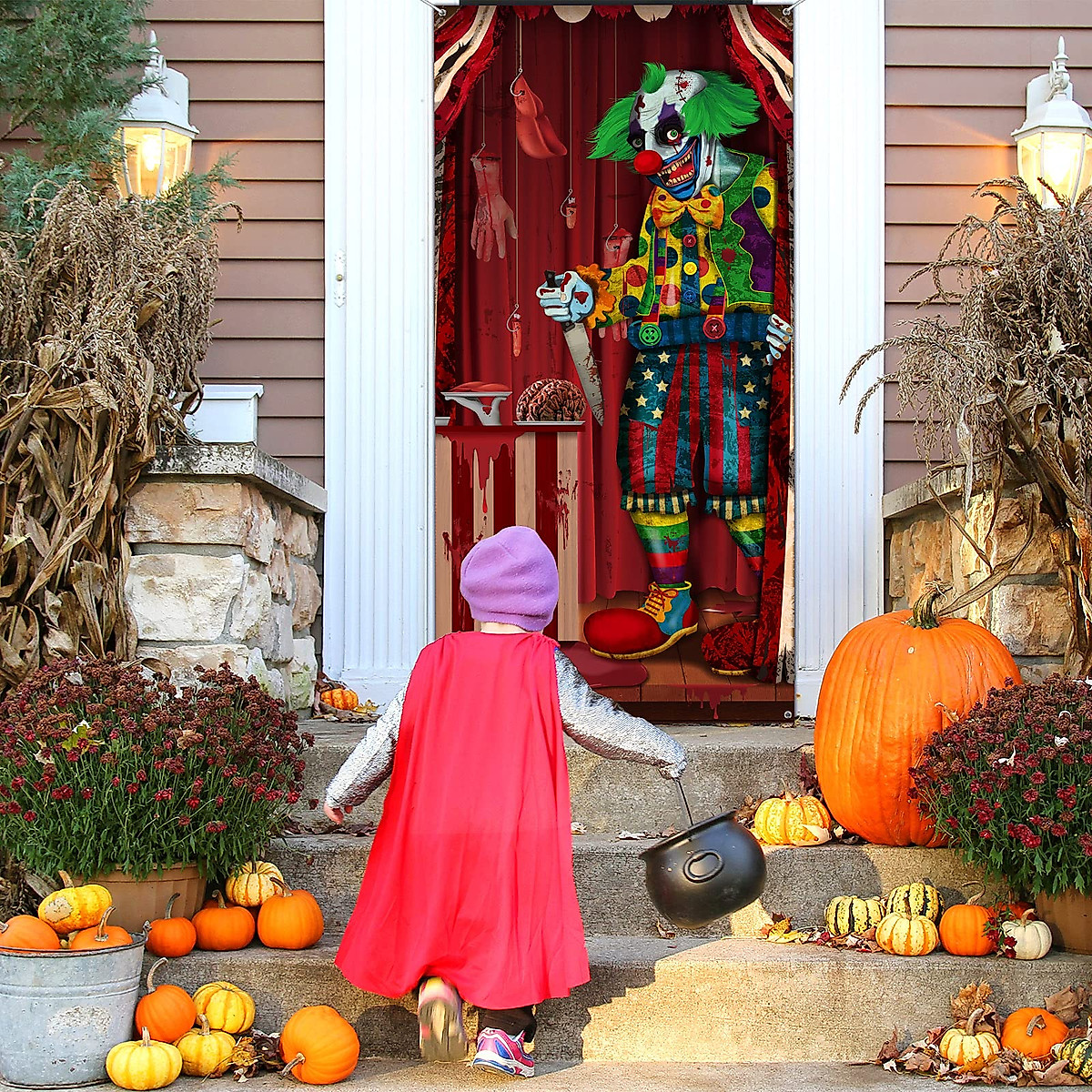 Halloween Decorations Large Evil Clown Door Cover Fabric Halloween Door Banner Backdrop Background Clown Theme Front Door Cover for Halloween Party Haunted House Photo Props Supplies, 70.9 x 35.4 Inch