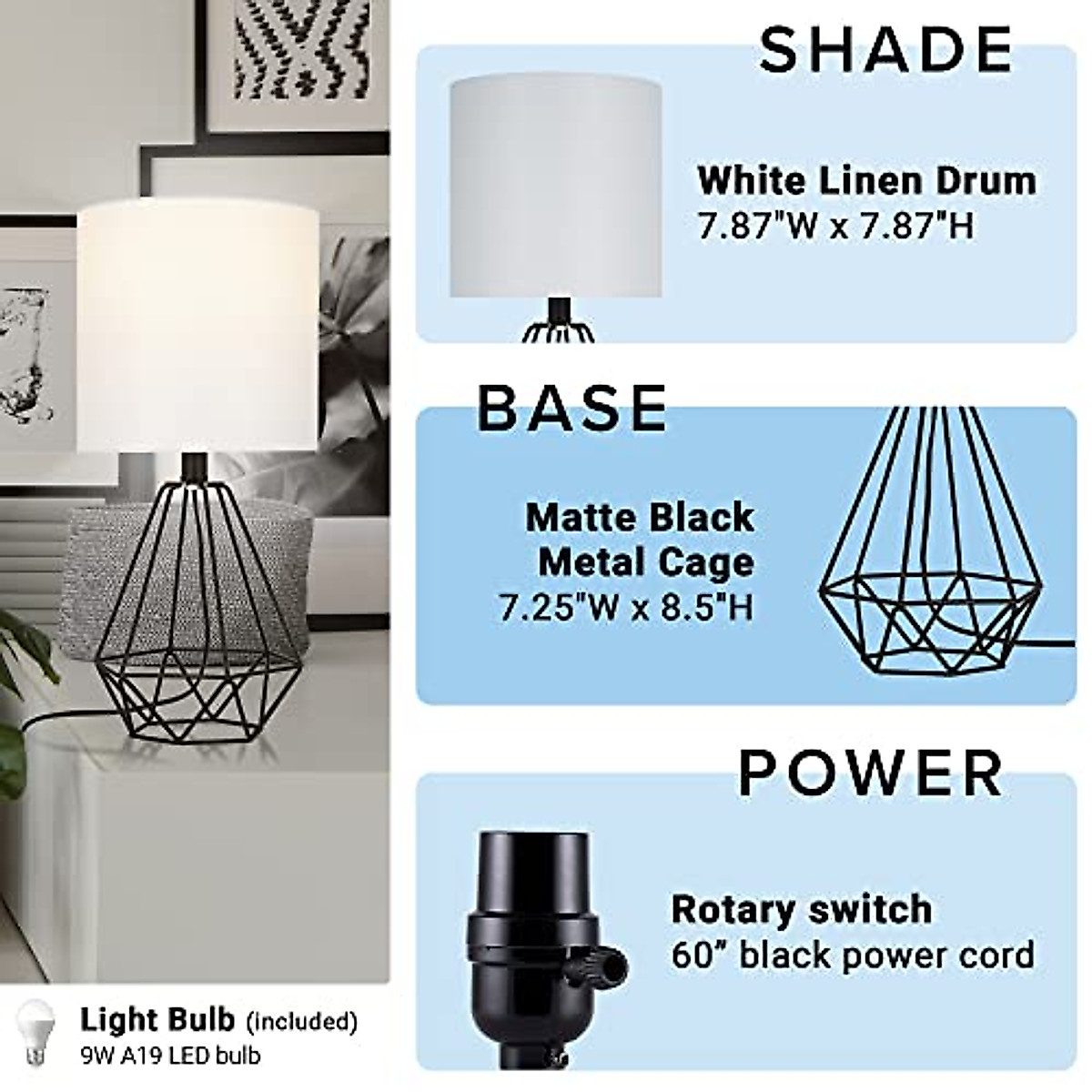 Catalina 22771-001 Mid-Century Modern Open Metal Cage Table Desk Lamp, 17.25", Matte Black