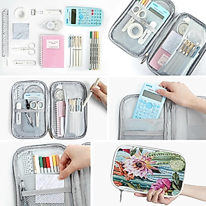 ZZKKO Flower Cactus Succulents Pencil Bag Case Zipper Pencil Holder Organizer Stationary Pen Bag Cosmetic Makeup Bag Pouch Purse for School Office Supplies