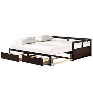 Daybed with Trundle and Drawers, Twin to King Design Sofa Bed,Wooden Extendable Bed Daybed for Bedroom Living Room, Espresso