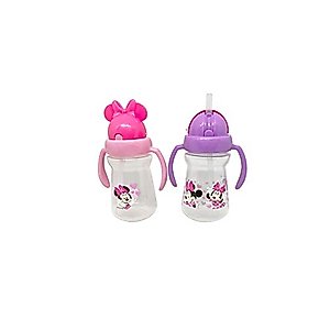 Disney Cudlie Minnie Mouse Baby Girl 2 Pack of 6 Oz Sippers Handles Pop Up Straw Character Molded Lid in Pink & Purple