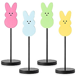 4Pcs Easter Bunny Wood Tall Standing Block Set Cadny Bunny Reversible Decoration Set Easter Colorful Wooden Sign on Stand Table Centerpiece Decoration for Easter Party Home Outdoor Desk Ornaments