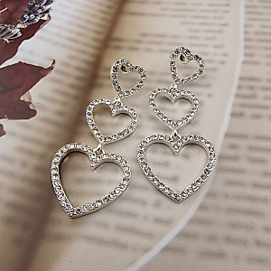 RareLove Bling CZ Crystal Interlocking Three Heart Hollow Dangle Stud Piercing Earrings For Women Silver Plated Alloy Valentines Gift For Her