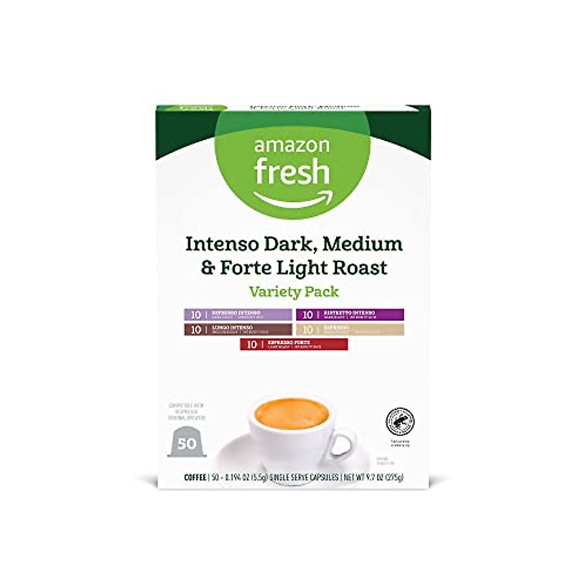 Amazon Fresh Intenso Dark, Medium & Forte Light Roast Aluminum Capsules, Variety Pack, Compatible with Nespresso Original Brewers, 50 Count (5 Packs of 10)