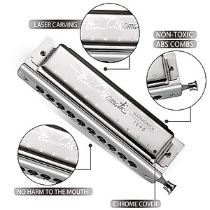 SWAN Chromatic Harmonica 10 Holes Deluxe Harmonica C Key with Slider and Valve - 10 Hole 40 Tone for Adults Beginners Students - Professional Harmonica Key of C, Polished Silver (SW1040-1)