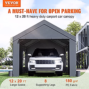 VEVOR Carport 12'x20' Heavy Duty Portable Garage, Upgraded Extra Large Car Canopy with Roll-up Ventilated Windows, Removable Sidewalls, Waterproof UV Resistant All-Season Tarp for Pickup Truck & Boat