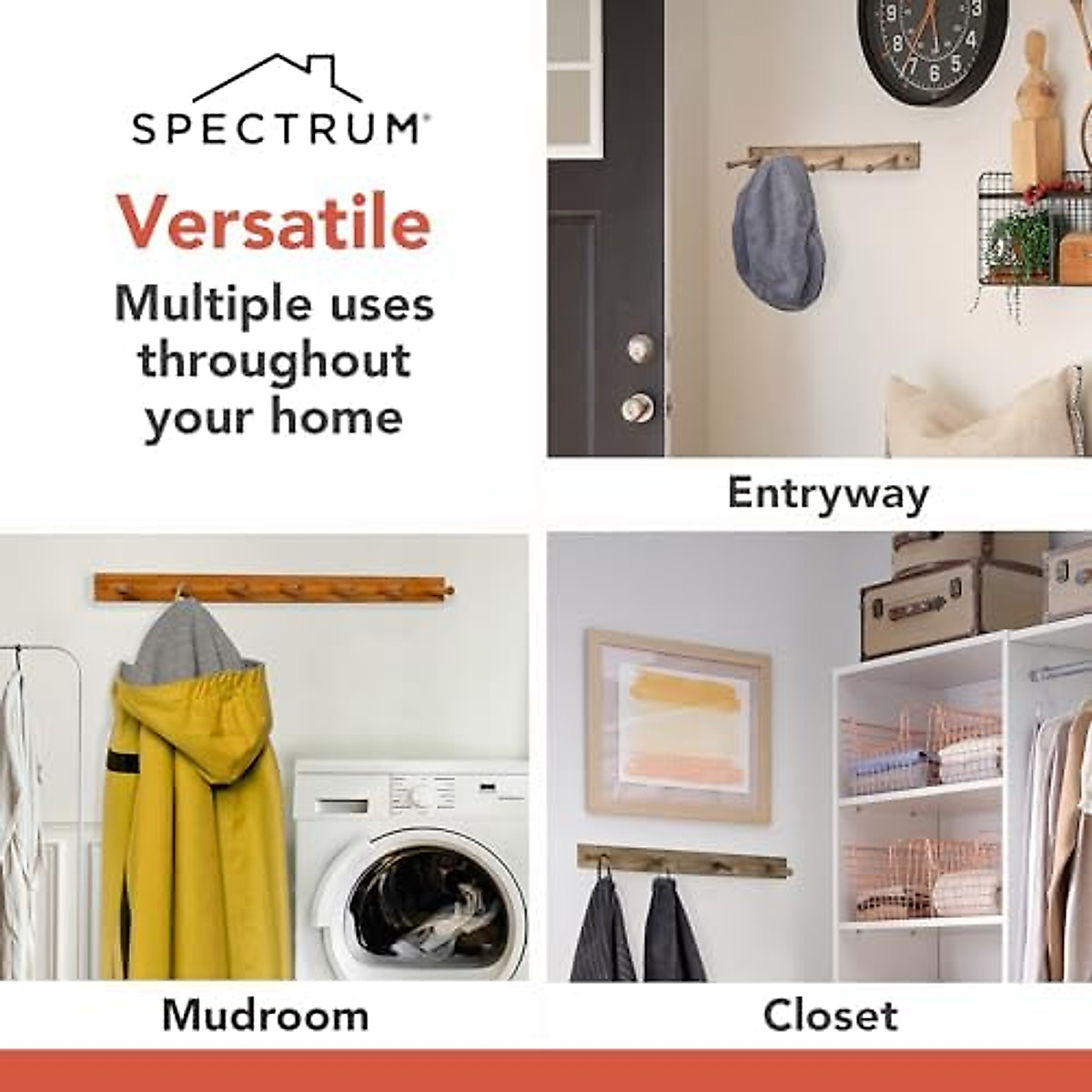 Spectrum Diversified Wall-Mounted 7 Peg Wood Hook, Hat Organizer & Coat Hanger for Entryway or Closet Bathroom Storage Racks for Towels & Bath Robes, White