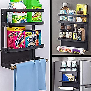 Magnetic Spice Rack, Magnetic Shelf with Paper Towel Holder 2 Tier Kitchen Refrigerator Storage Rack Fridge Magnet Organizer(Black, Medium)