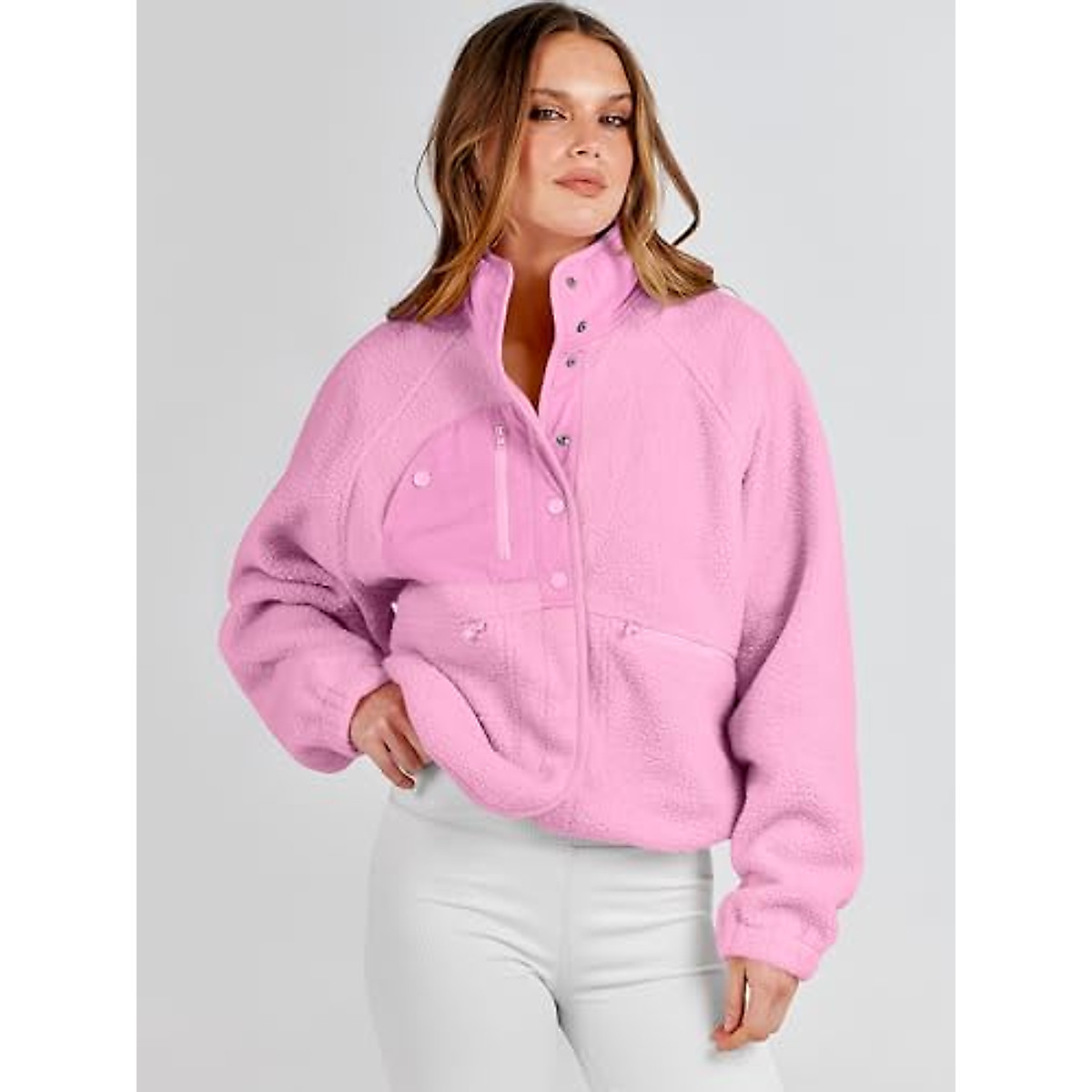 ANRABESS Womens Fuzzy Fleece Jacket Fall Casual Long Sleeve Cropped Sherpa Button Down Shacket Coats Outwear With Pockets Pink Large