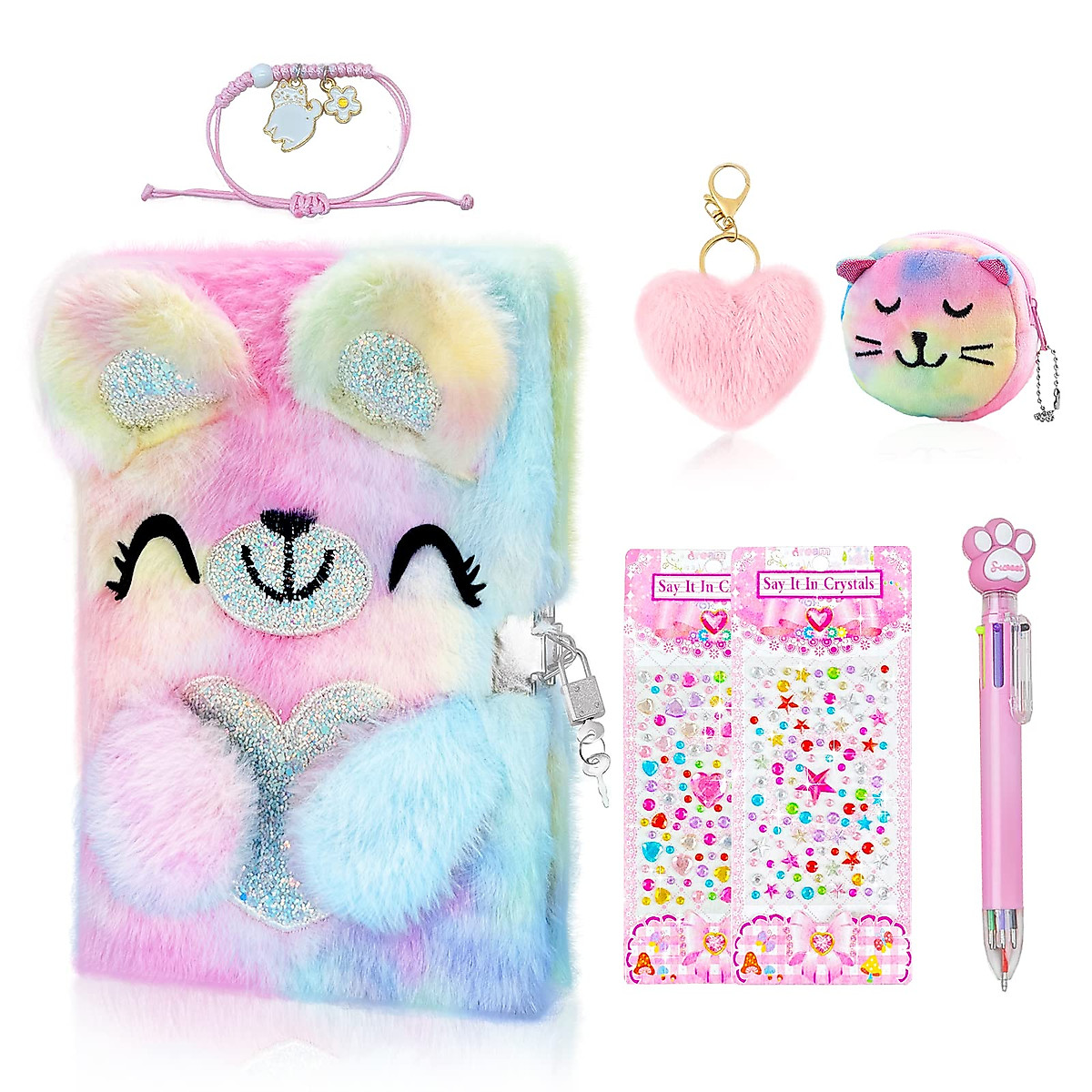 homicozy Bear Diary for Girls with lock and keys, Kids Journal School Travel Notebook Gift Set for Writing and Drawing,Plush Secret Diary with Multicolored Pen Stickers Purse Keychain