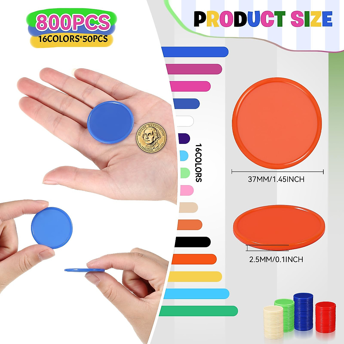 800 Pcs Plastic Poker Chips 1.45 Inch Game Chips Bulk Poker Card Game Chips 16 Colors Bingo Chips Blank Counting Chips for Adults Poker Game Counters Learning Math Counting Game Play