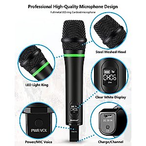 Bietrun Rechargeable Wireless Microphone, Dual Metal Cordless Handheld Dynamic Wireless Mics with 1/4'' Output for Karaoke, Meeting, Singing, Church, Wedding(UHF 240ft Range)(Receiver with Bluetooth)