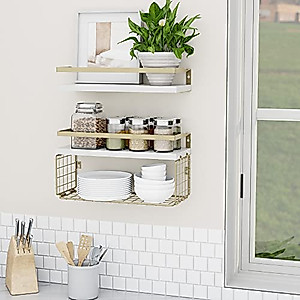MZF Floating Shelves with Wire Storage Basket for Toilet Paper, Wall Decor for Bathroom/Living Room/Kitchen/Bedroom, (Gold-White-Gold) Shelves for Home Decor