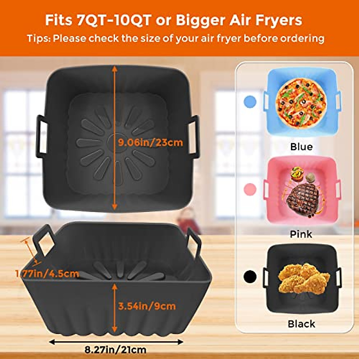 Square Air Fryer Liners Silicone, 9 IN 6 to 10 QT Food Grade Reusable Heat Resistant Silicone Air fryer Bowls Inserts Baskets Pots Accessories for COSORI Instant Vortex Air Fryer Oven Microwave
