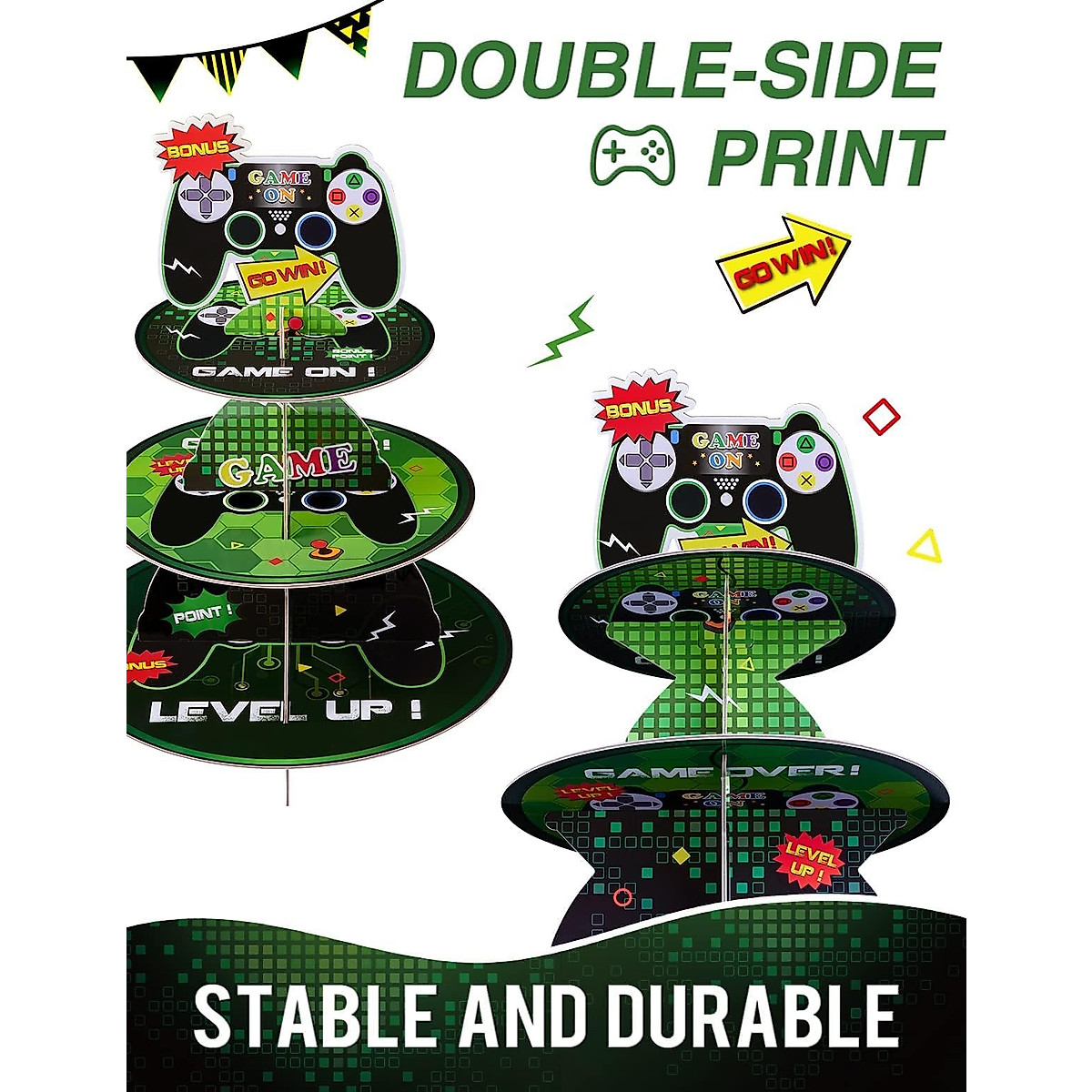 WERNNSAI Video Game Cupcake Stand - 3-Tier Gaming Party Decorations for Boys Cardboard Cupcake Holder Round Serving Tray Stand Dessert Tower Video Game Theme Birthday Party Supplies
