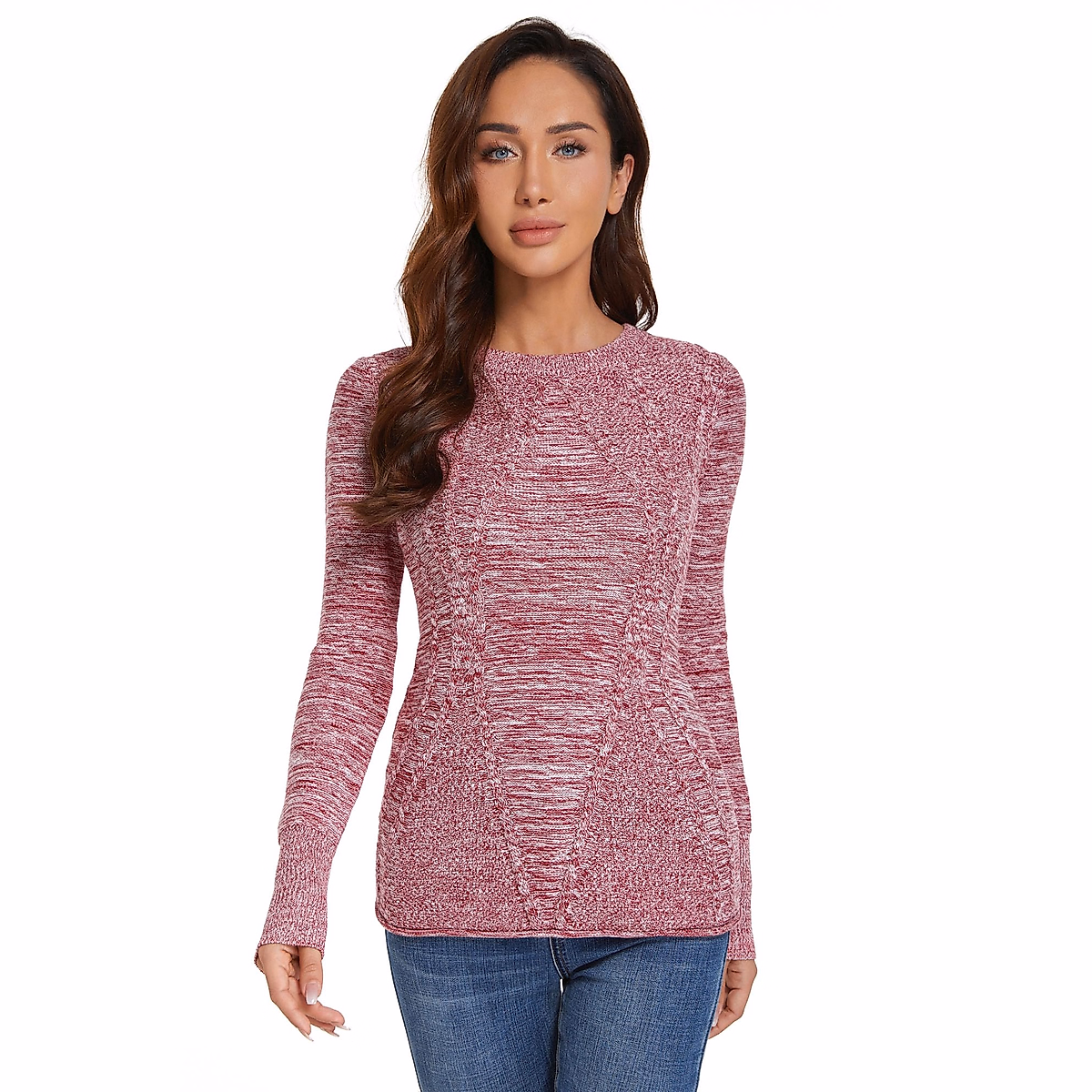 AmélieBoutik Women Cotton Blend Crewneck Long Sleeve Cable Knit Pullover Sweater (Red Large)