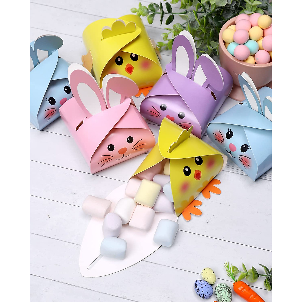 Easter Party Favor Boxes Easter Treat Boxes Bunny Party Decorations Easter Basket Bunny and Chicks Goodies Candy Gift Boxes for Easter Party Decorations Table Centerpieces Decor Supplies Set of 12
