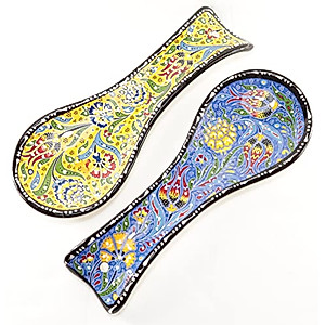 Canarels Ceramic Spoon Rest for Kitchen Counter, Set of 2 – Handcrafted Kitchen Utensil Holder – Modern Farmhouse Kitchen Decor and Accessories, Spoon Holder for Stove Top (2 Pcs- Blue&Orange)