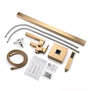 PROOX Freestanding Bathtub Faucet Floor Mounted, High Flow Free Standing Tub Filler with Hand Sprayer, Swivel Spout - Brushed Gold