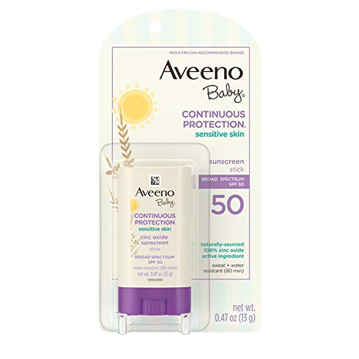 Aveeno Baby Continuous Protection Sensitive Skin Mineral Sunscreen Stick with Broad Spectrum SPF 50 for Face & Body, Naturally Sourced 100% Zinc Oxide, Travel Size, 0.47 Oz