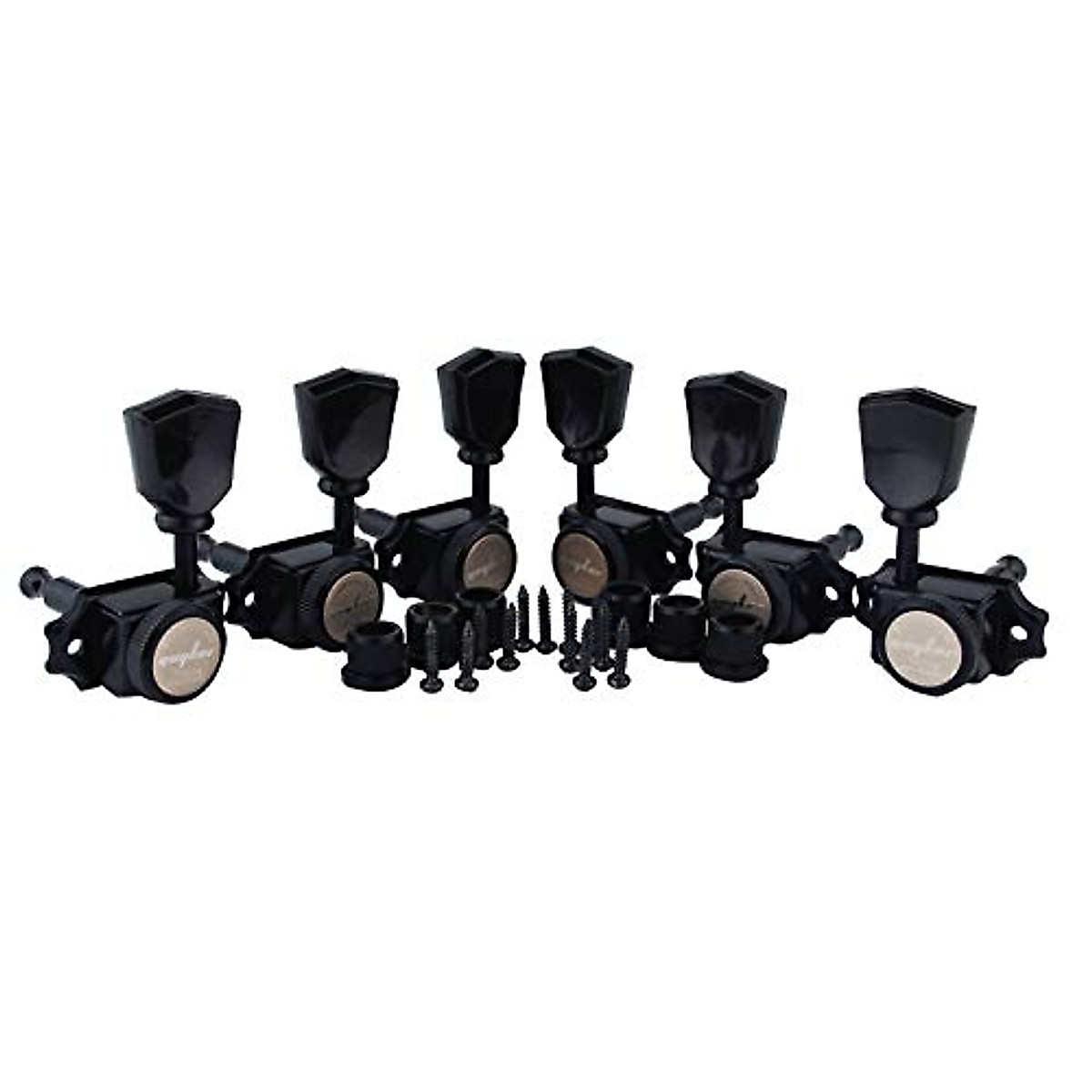 Guyker Locking Guitar Machine Heads (3R + 3L) – 1:15 Ratio Lock String Vintage Deluxe Tuning Key Pegs Tuners Set Replacement for Electric, Acoustic or Folk Guitars - Black Handle