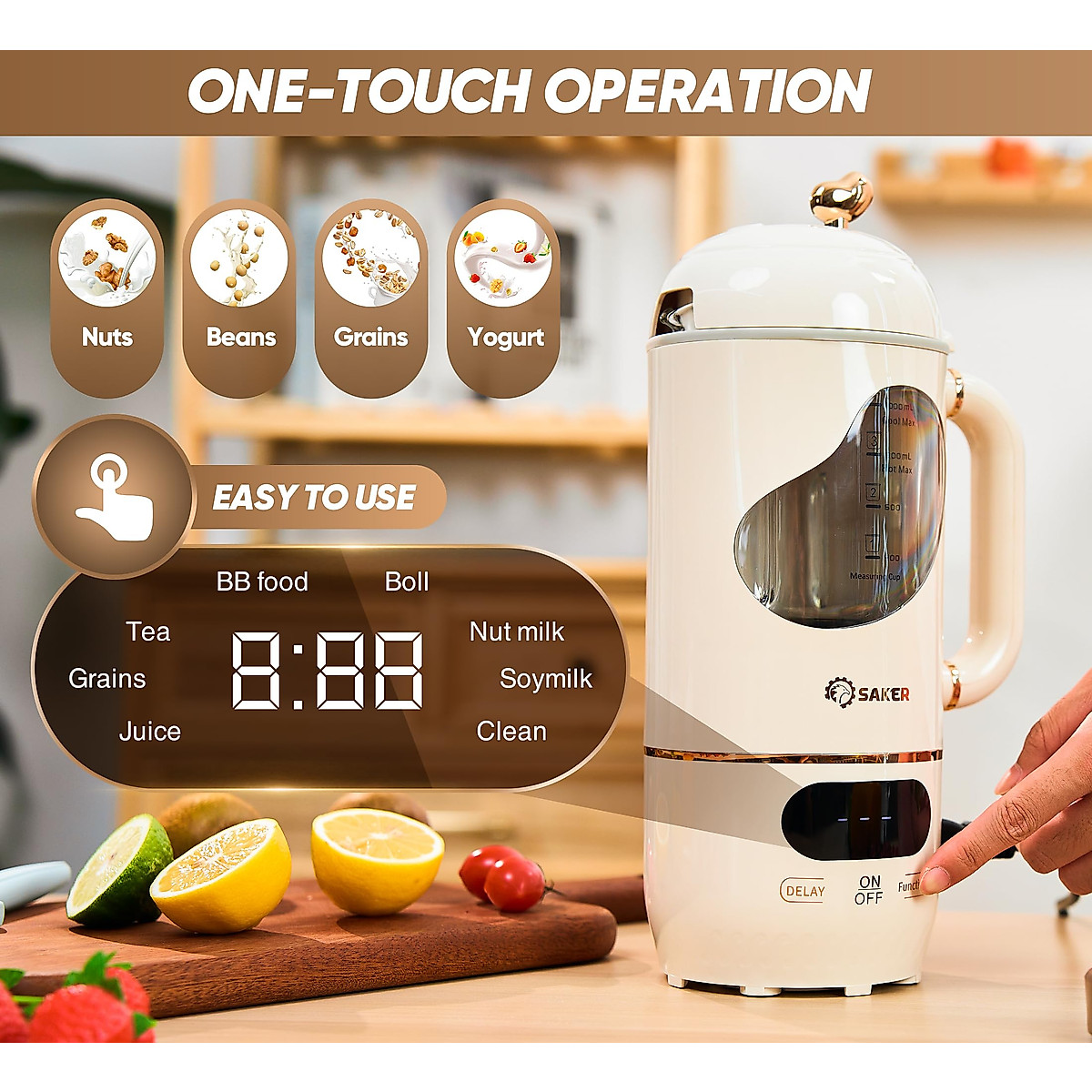 SAKER Automatic Nut Milk Maker,35oz Homemade Almond, Oat, Soy, Plant-Based Milk and Dairy Free Beverages, Almond Milk Maker with Delay Start/Keep Warm/Boil Water, Soy Milk Maker