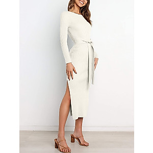 ANRABESS Womens Long Sleeve Sweater Dress Crew Neck Slim Fit Slit Tie Waist 2025 Ribbed Knit Bodycon Midi Dress Fall Outfits 623mibai-S White