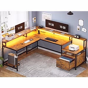 SEDETA L Shaped Desk, 66" Home Office Desk with File Drawer & Power Outlet, Gaming Desk with Led Lights, Corner Computer Desk with Monitor Shelf, Printer Storage Shelves, Two Person Desk, Rustic Brown