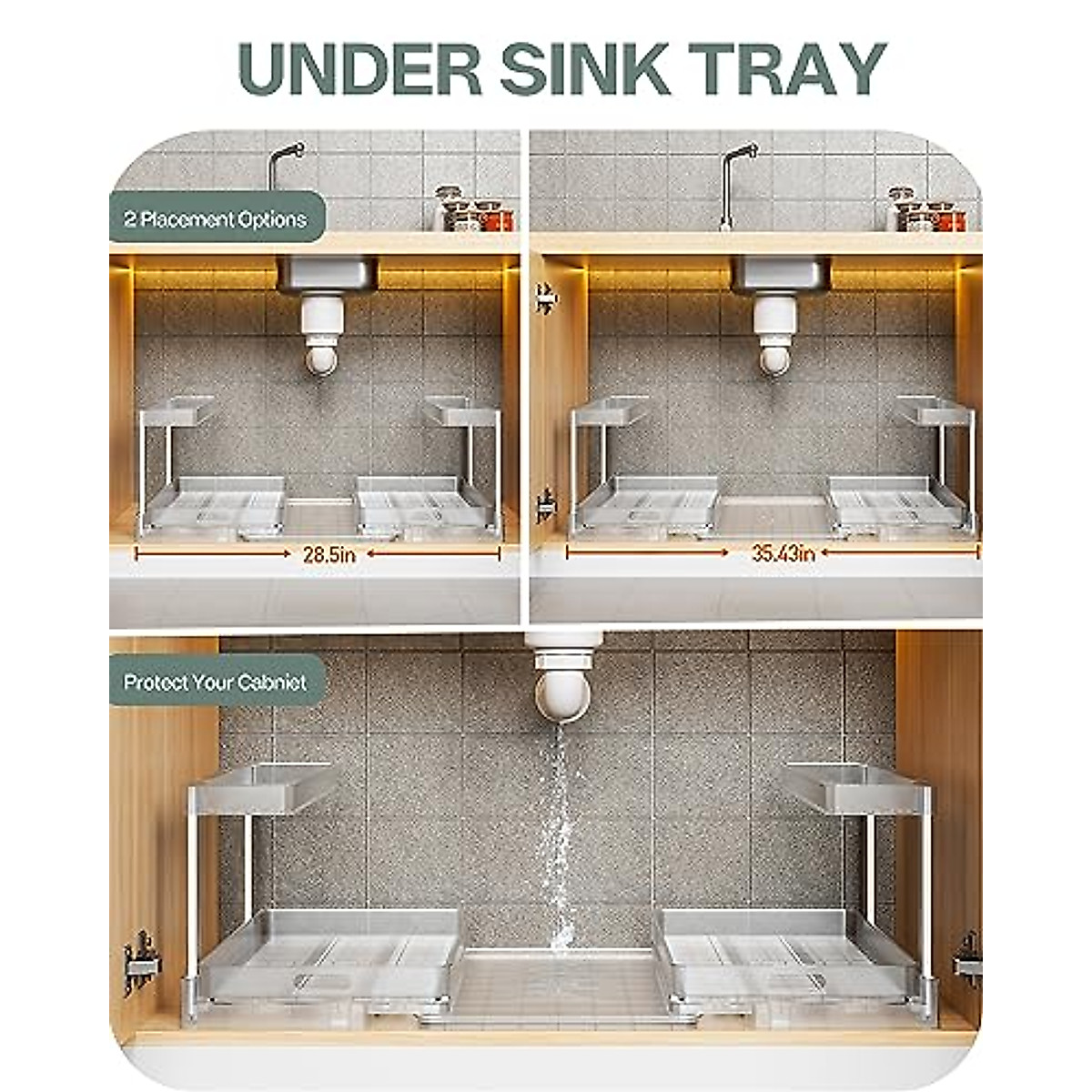 Under Sink Organizer and Storage with Under Sink Tray, 2 Tier Sliding Under Sink Shelf, L Shaped Pull Out Cabinet Basket Organizer, Slide Out Organizer Rack for Bathroom, Kitchen, 2 Pack, Clear