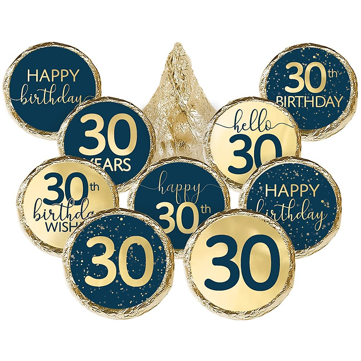Navy Blue and Gold 30th Birthday Party Favor Chocolate Kisses Candy Stickers - 0.75 in. Round - 180 Labels