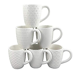 Schliersee White Ceramic Coffee Mugs set of 6, Stylish Embossed Coffee Cups Set with Different Patterns, for Coffee, Tea, Milk, Cocoa, Cereal (11.8 Ounce), for Christmas Gift