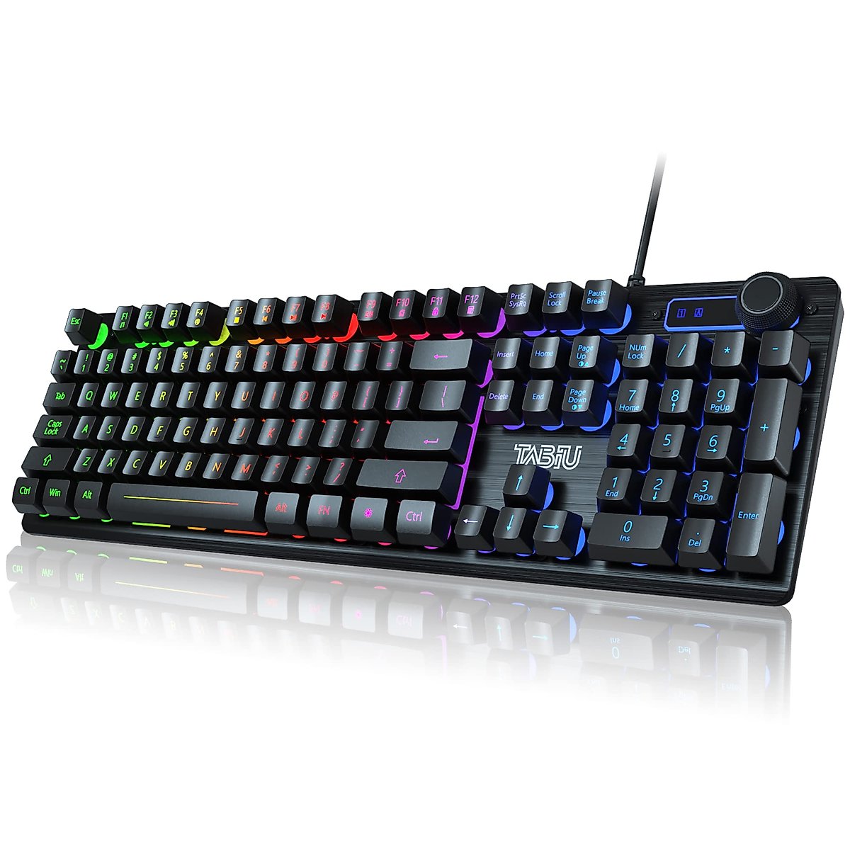TNBIU Gaming Keyboard, 105-Key Wired Membrane Keyboard, Rainbow LED Backlit Keyboard, Floating Keycap Design, Aluminum Alloy Panel, Stylish Appearance Design, Suitable for Desktop, Computer, PC