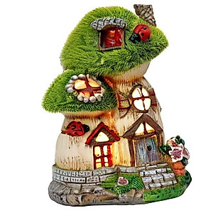 TERESA'S COLLECTIONS Mushroom Garden Statues with Outdoor Solar Light, Green Flocked Fall Decorations for Home, Resin Fairy House Accessories Outdoor Fall Decor Yard Lawn Ornaments Gifts for Mom 6.6“