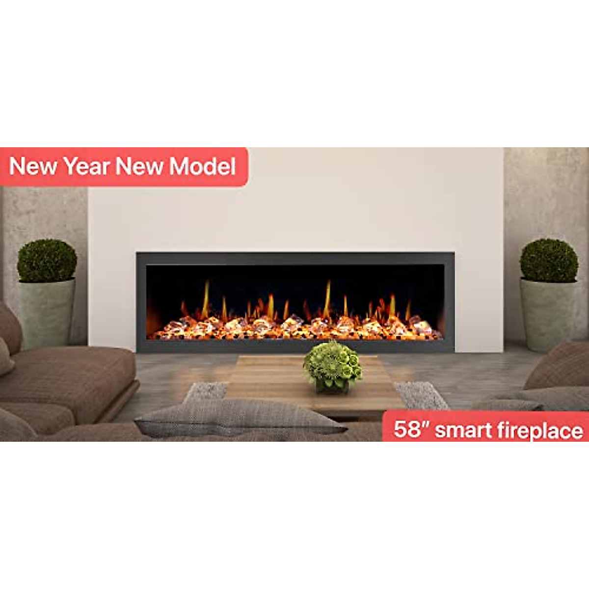 Litedeer Homes Latitude II 58" Smart Electric Fireplace with App, Crackling Fire Sounds, Diamond-Like Crystal, Black - ZEF58VC