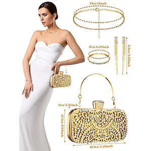 4 Pcs Clutch Purses Jewelry Set for Women Evening Rhinestone Jewelry Set Bling Glitter Diamond Evening Bag Necklace Choker Bracelets Earrings Set for Wedding Bridal Party Prom (Gold)