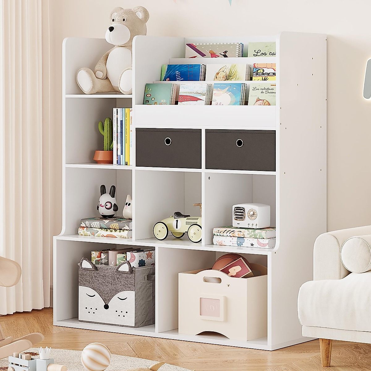 IDEALHOUSE Toy Storage Organizer 47.8in Kids Bookshelf with Drawers Modern Bookcase with Cubbies Floor Storage Cabinet Wooden Toy Chest Playroom, Classroom, Nursery, Kids Room