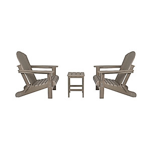 WestinTrends Malibu 3-Pieces Adirondack Chairs Set with Side Table, All Weather Outdoor Seating Plastic Patio Lawn Chair Folding for Outside Porch Deck Backyard, Weathered Wood