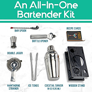 Mixology Bartender Kit - 8-Piece Silver Cocktail Shaker Set with Black Wood Stand, Recipe Cards, and Bar Accessories Ideas