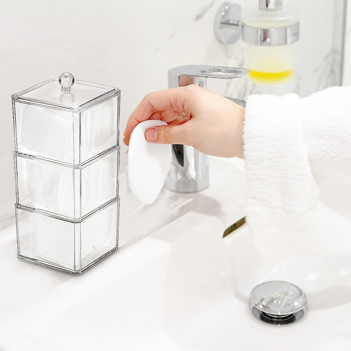 Hiceeden 9 Pieces Square Hair Accessories Organizer with Lid, Stackable Acrylic Bathroom Containers Cotton Ball Pad Qtip Holder, Clear Hair Tie Organizer Storage for Girls Bow Headband Jewelry