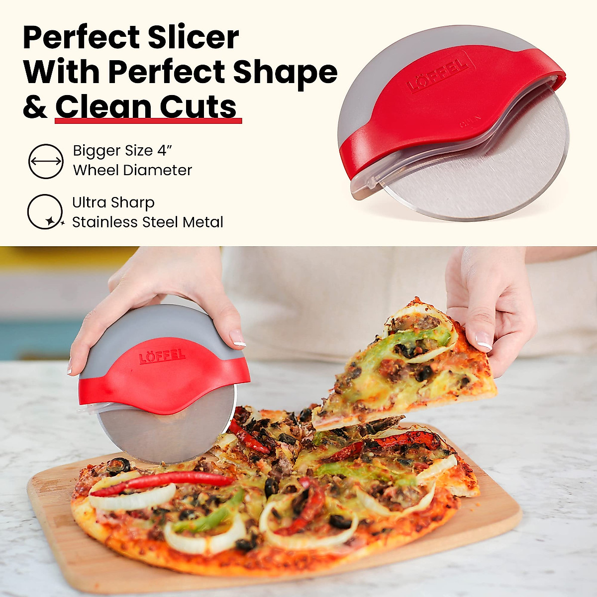 LÖFFEL Premium Pizza Cutter Wheel - Pizza Slicer with Protective Blade Guard - Razor Sharp Stainless Steel - Easy to Clean & Detachable Slicer - Round Pizza Cutter With Cover & Slip Resistant Handle