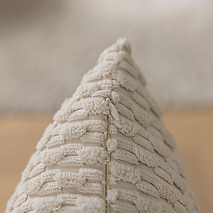 Kevin Textile Decorative Throw Pillow Cover Striped Corduroy Plush Texture Velvet Euro Cushion Cover for Bed 24 x 24 Inch (60cm) Set of 2 Cream