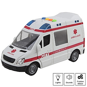 Vokodo Rescue Ambulance Friction Powered 1:16 Scale with Lights and Sounds Kids Medical Transport Emergency Vehicle Push and Go Durable Toy Car Pretend Play Van Great Gift for Children Boys Girls
